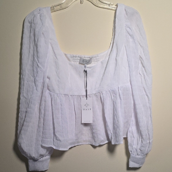 Wayf | Tops | Wayf White Smocked Peplum Blouse With Bishop Sleeves ...